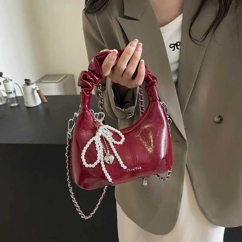 Y2K Women's Underarm Vans Bag With Pleated Handle, Pearl Bow ...