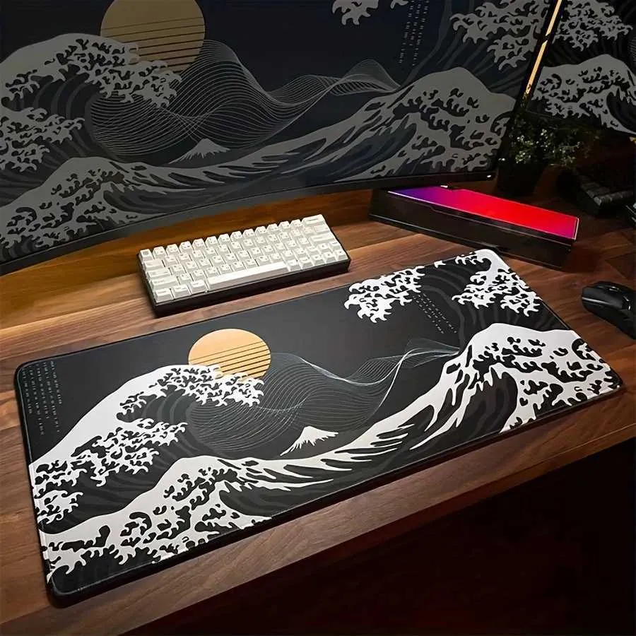 Large Black Wave Pattern Gaming Large Mousepads With Anti Slip Washable ...