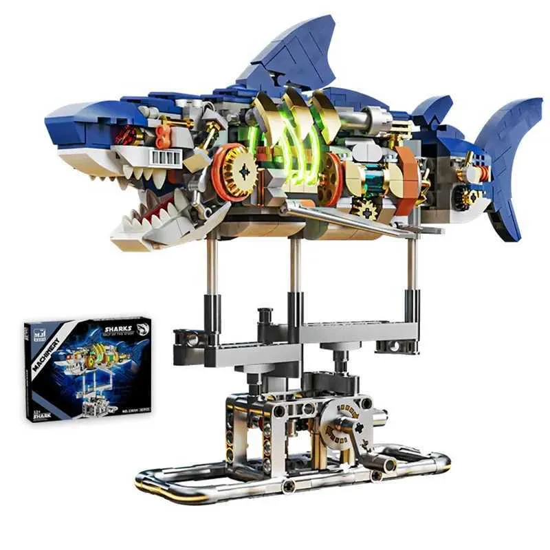 Mechanical Shark Building Blocks Set With Display Stand & Lights Sea ...