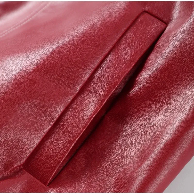 Oversized Leather Bomber Jacket - Women's Autumn Motorcycle Coat with ...