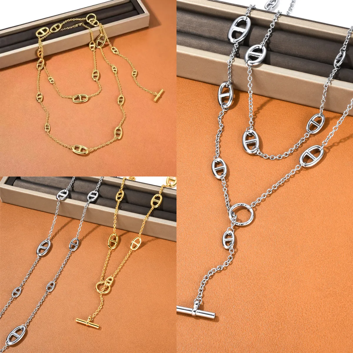Personalized multi-layer link chain necklace with gold-plated titanium ...
