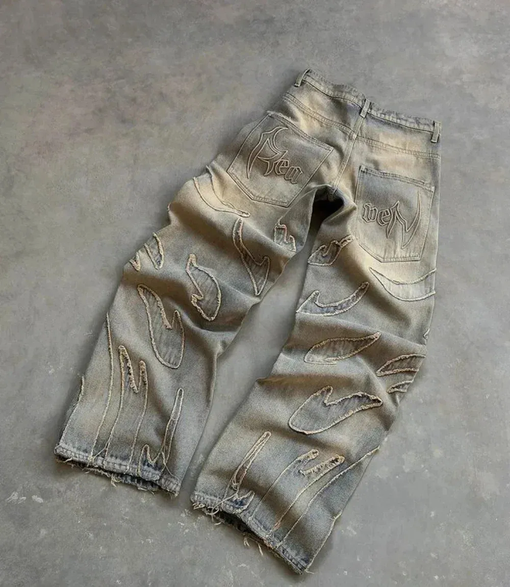 Harajuku Flame Embroidered Denim Jeans - High Waist Straight & Wide Leg ...