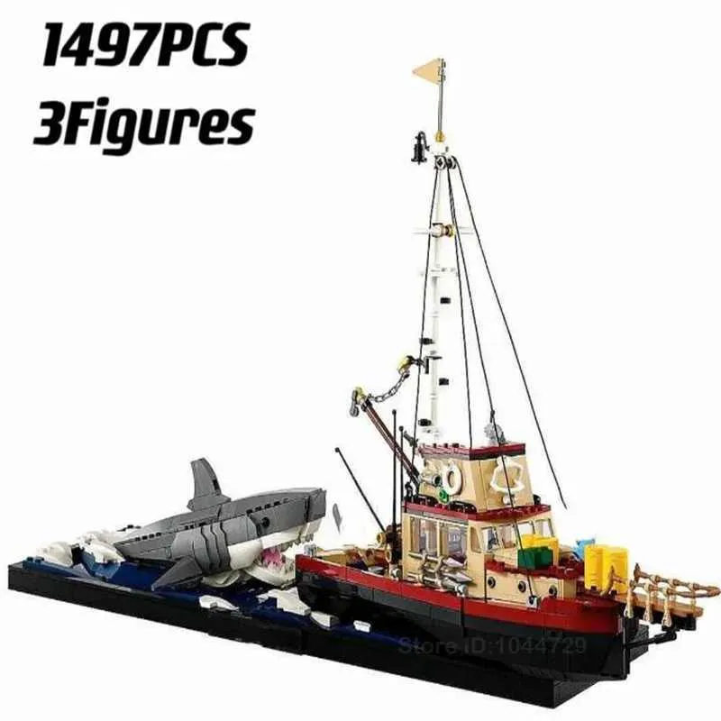 Jaws Movie Diorama Boat Shark Pirate Ship Building Blocks Fishing Boat ...