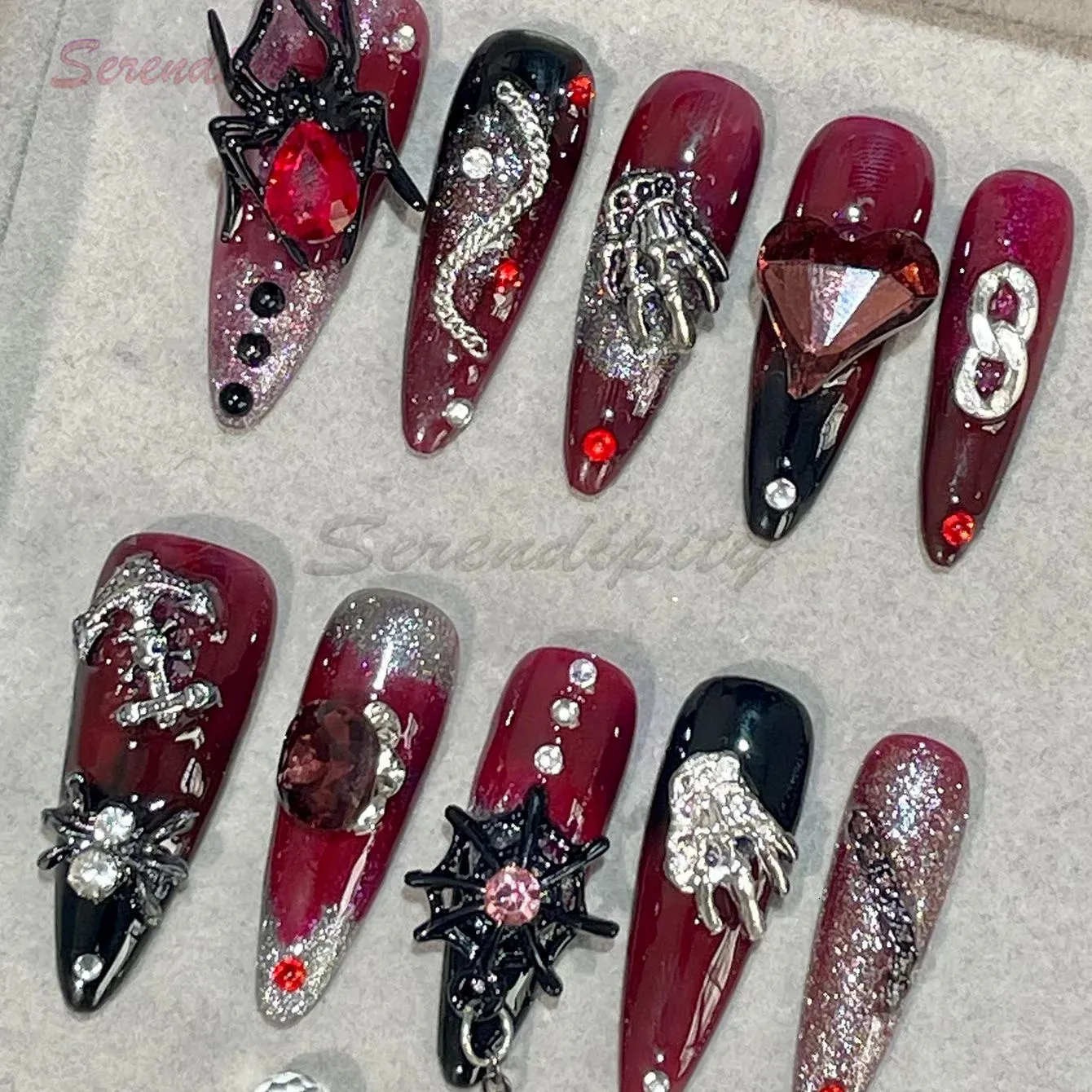 Handmade 3D Spider Valentine's Day Nail Design With Glitter Rhinestones ...