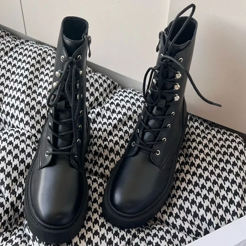 Designer Sheepskin Round Toe Black Combat Boots Women With Trimmer And ...