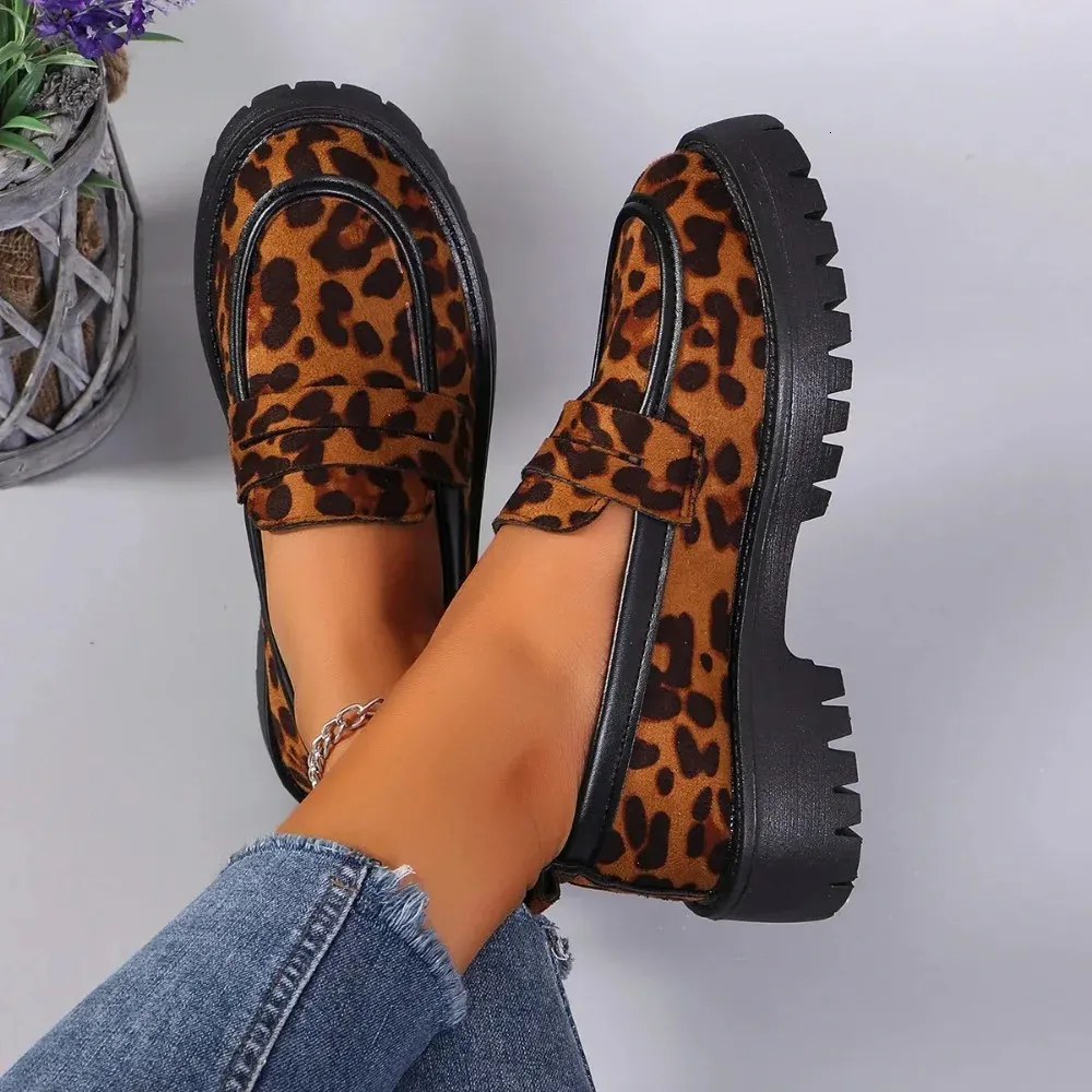 Women's Leopard Print Suede Platform Loafers Casual Gommino Shoes Large ...