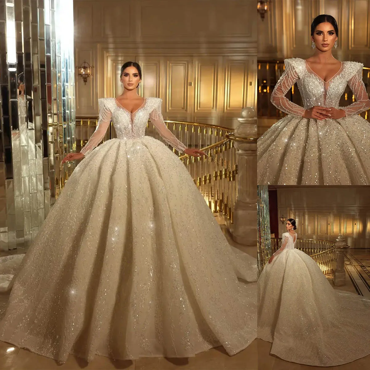Arabia Saudi Princess Ball Gown Wedding Dress V Neck Long Sleeve Lace ...