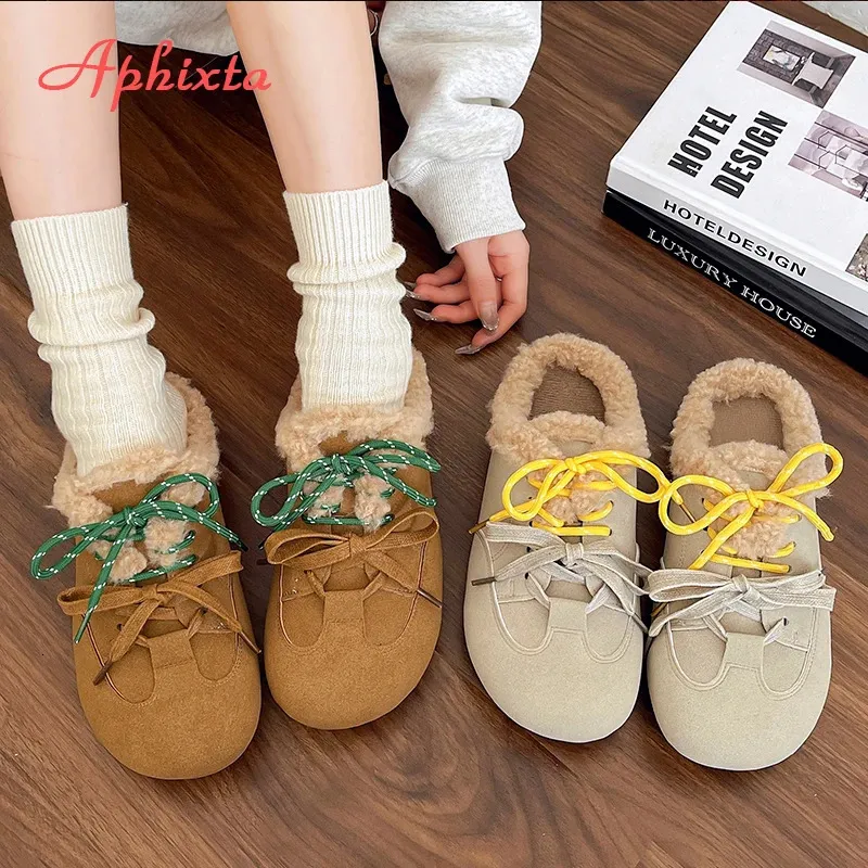 Colorful Cow Suede Brown Plush Slide Slippers For Women Furry Warm ...
