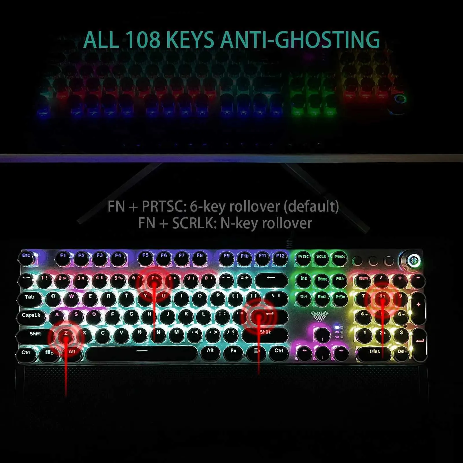 Mechanical Keyboard With Retro Round Keycaps, Gaming Keyboard With ...