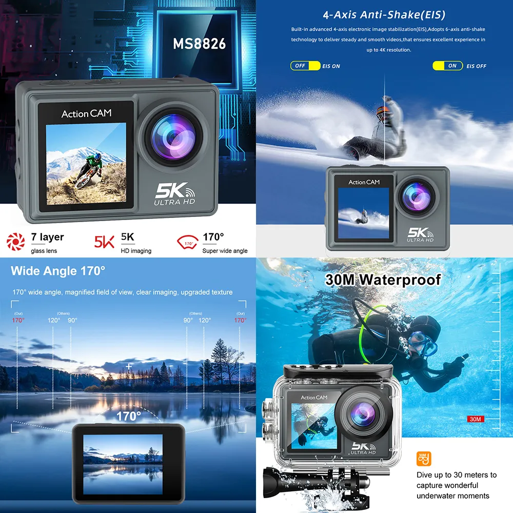 4K Waterproof Action Camera: Dual Touch LCD, EIS, 170° Wide Angle ...