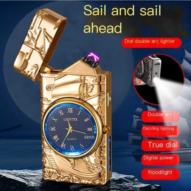 Metal 3D Embossed Real Watch USB Charging Lighter Colorful Dial Digital ...