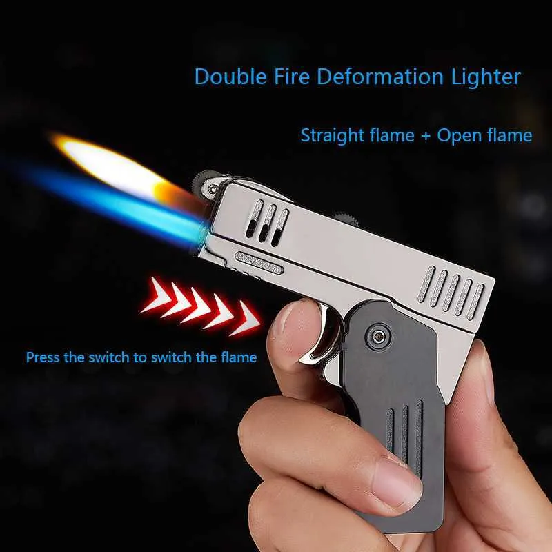 Jet Flame Lighter Double Fire Deformation Pistol Butane Gas Torch ...