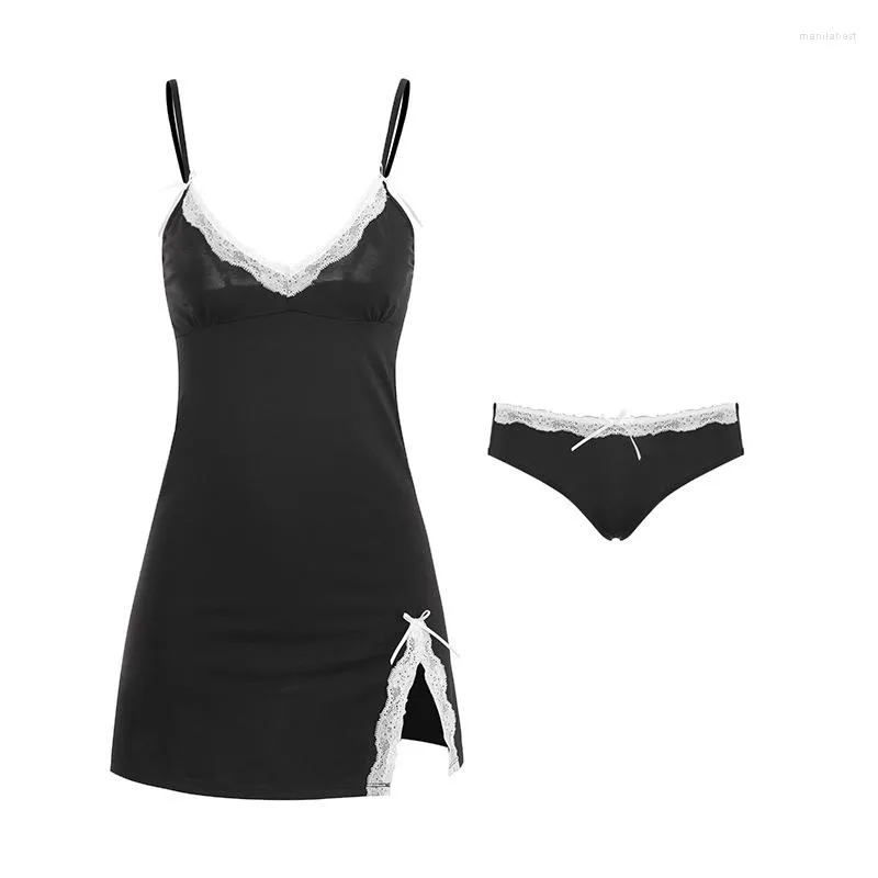 Sexy Lace Silk Satin Pyjama Set For Women Sleeveless V Neck Nightgown