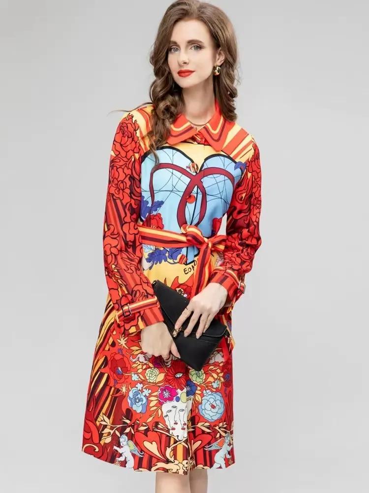 DHgate.com:European Luxury Belted Print Lapel Waist Long Sleeve Trench ...