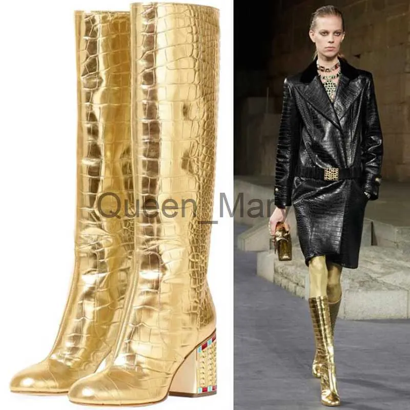 DHgate.com:Gold Leather Knee-High Pointed-Toe Rhinestone Heels Boots ...
