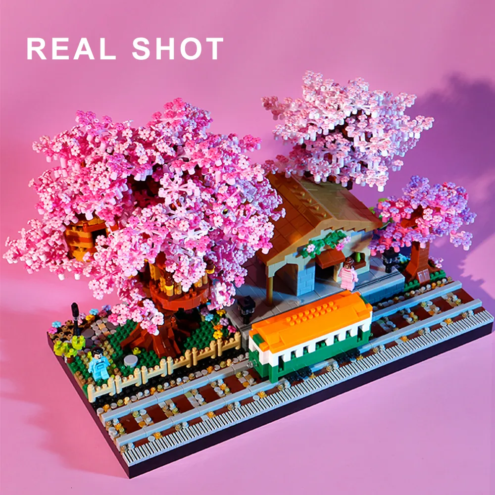 Aircraft Model Sakura House Tree Train Station Building Blocks City ...