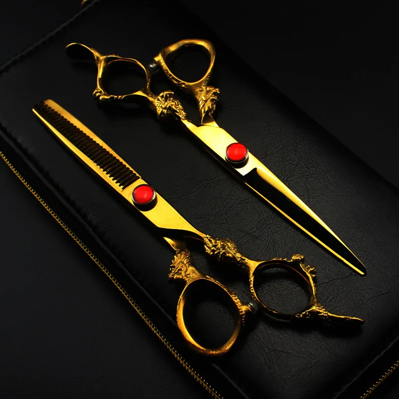 Professional Barber Scissors Set - 6'' Japan 440C Hair Cutting Shears, Thinning Scissors, Gold ...