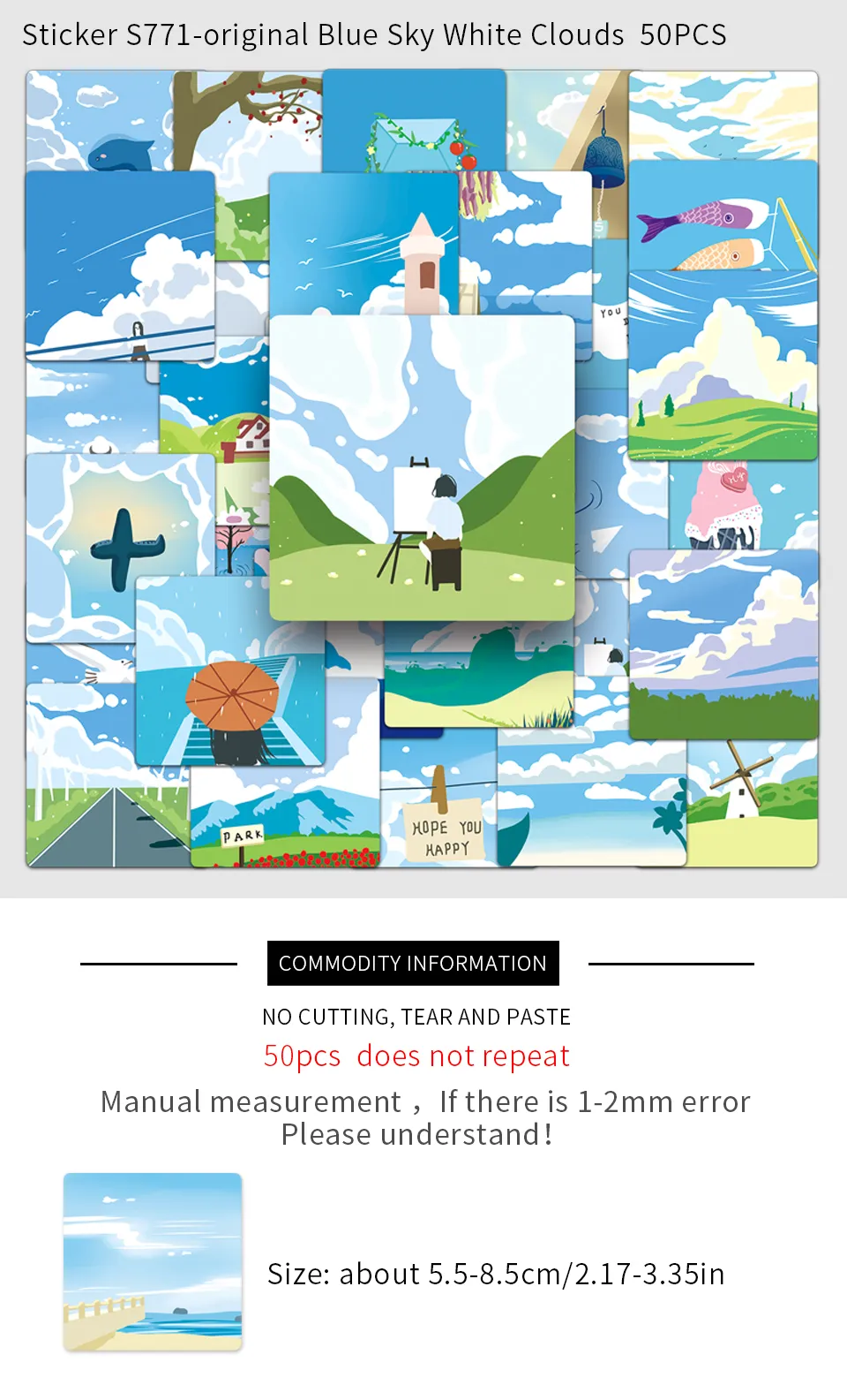 Cartoon Blue Sky & White Cloud Stickers - Waterproof PVC Decals for ...