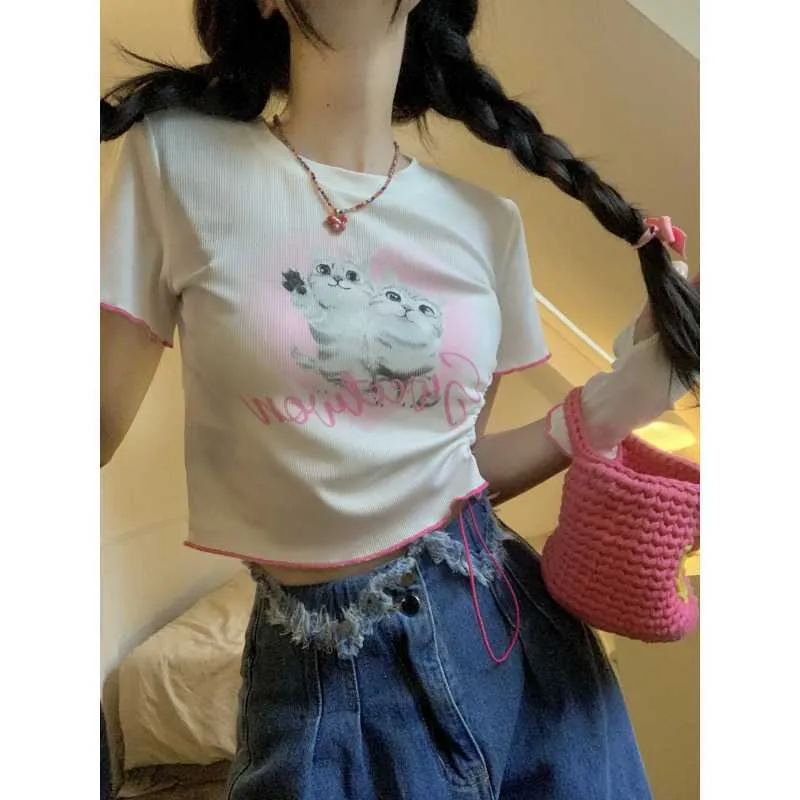 DHgate.com:Kawaii Cat Crop Top for Women, Korean Fashion Drawstring ...