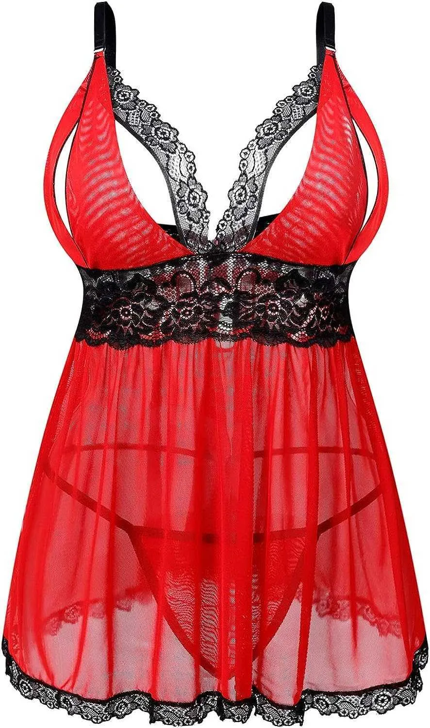 DHgate.com:Sexy Plus Size Lace Split Cup Pajama Dress Set for Women, 2XL-4XL, LF230908:Health ...
