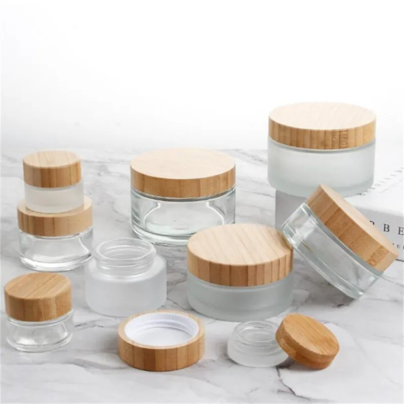 Wholesale Frosted Glass Cream Jars Natural Bamboo Lids Empty Refillable