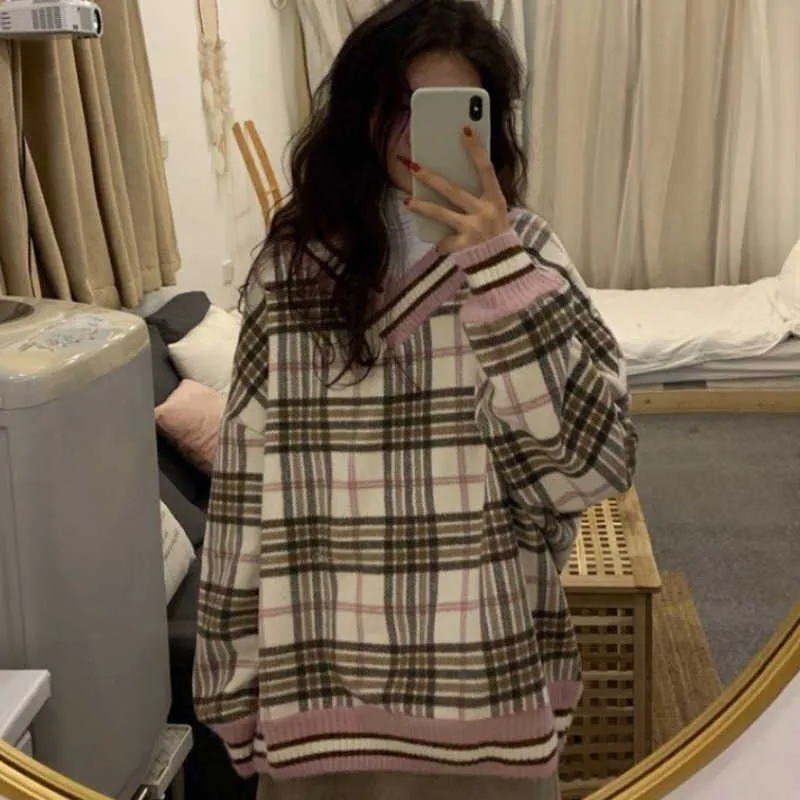 Oversized Plaid Sweater: Korean Style Preppy Knit Top - Vintage ...