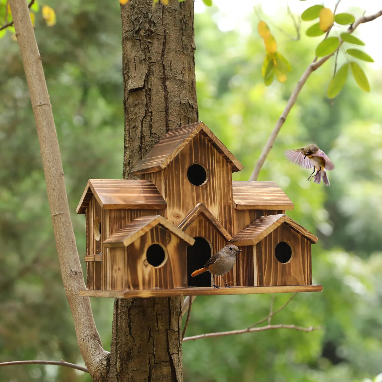 Bird Cages Decor Wooden Bird House: 6 Hole Handmade Natural Nesting Box ...