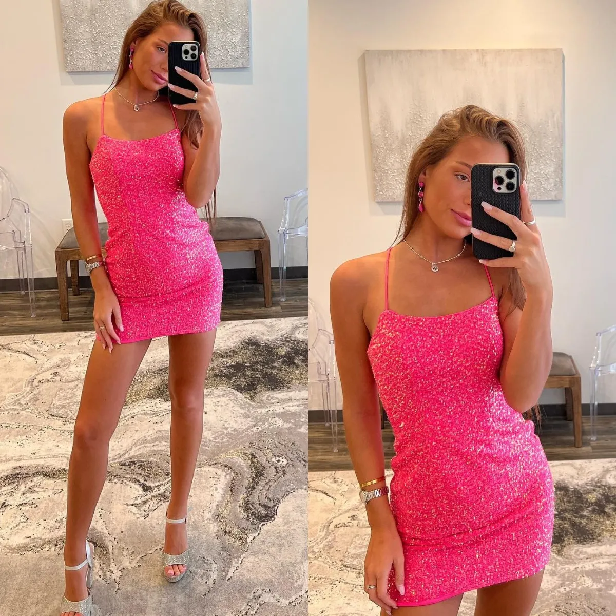 Rosy Pink Sequin Pink Sparkly Party Dress Spaghetti Straps, Backless ...
