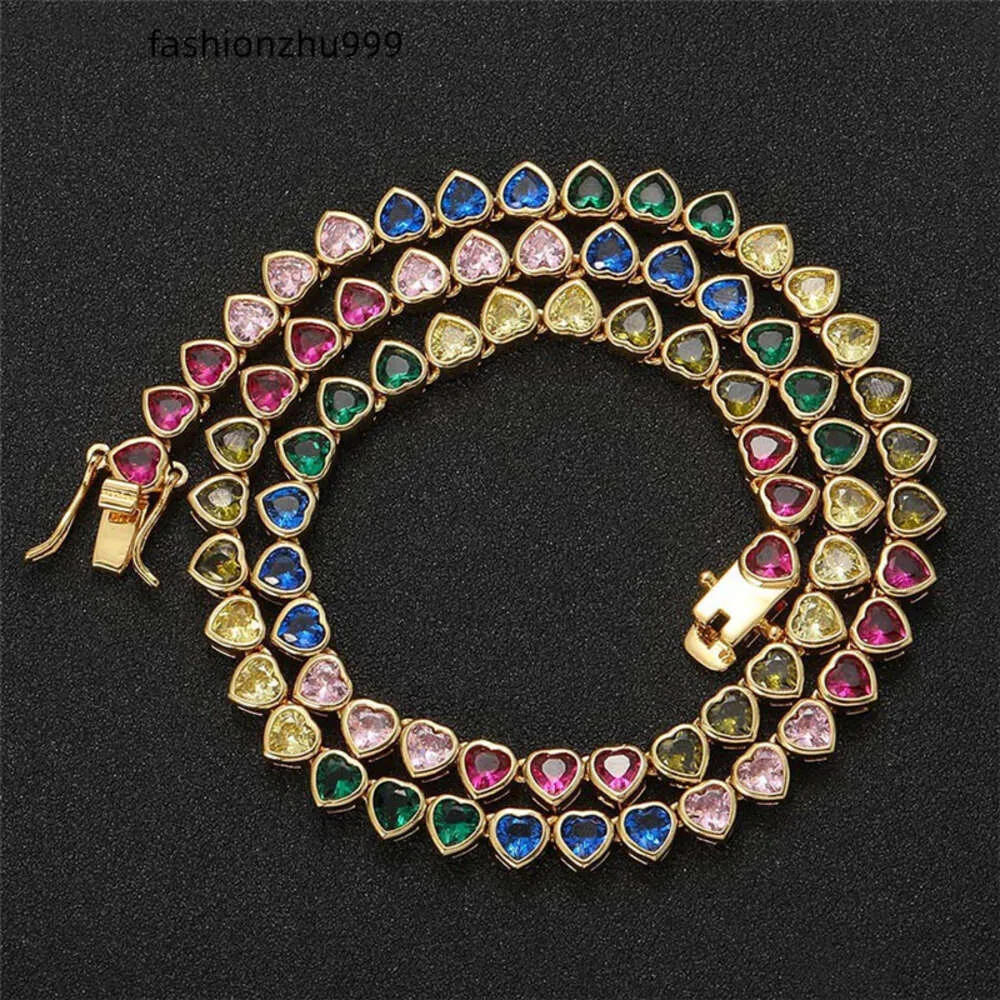 Iced-Out Choker Necklace: Rainbow Heart CZ Stone Tennis Chain for Men ...