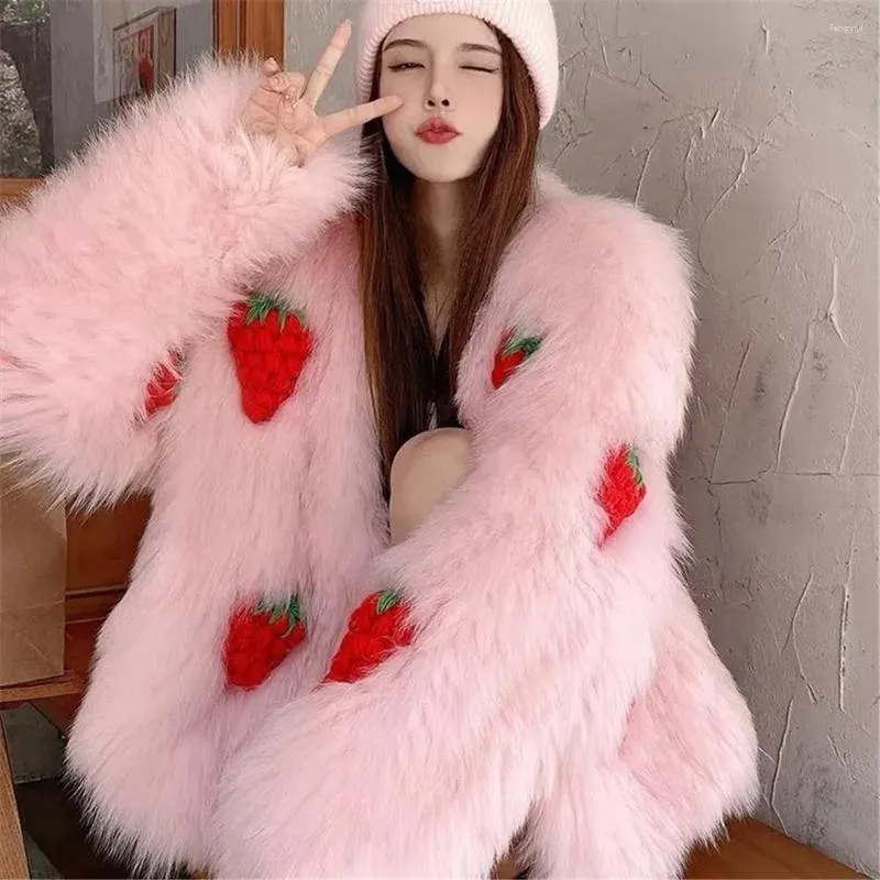 DHgate.com:Womens Strawberry Sweetheart Loose Fit Furry Coat:Apparel