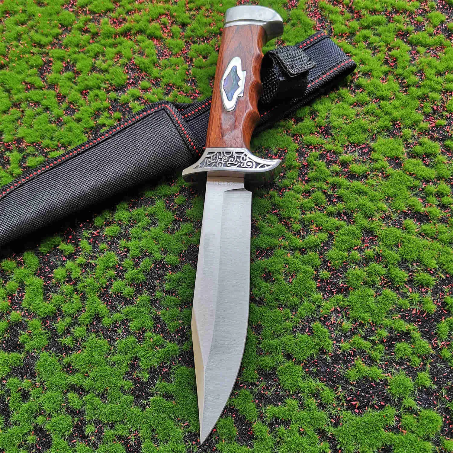 8Cr13 Steel Tactical Knife, Full Tang, Redwood Handle, Sharp Hunting ...