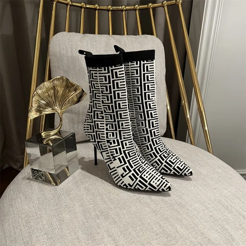 Designer Womens High Heel Boots, Skye Elastic Mesh Knitted Short ...