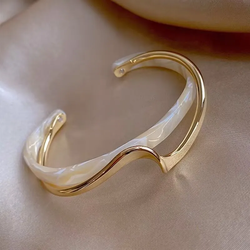 Wave Cuff Bangle: 18K Gold Plated Bracelet with Faux Pearl Inlay from ...