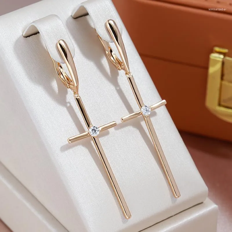 Elegant 585 Gold Dangle Earrings - Geometric Cross Pendant with Zircon ...