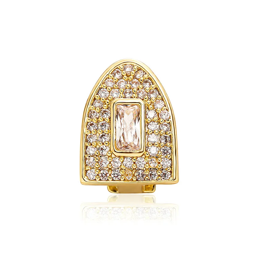 18K Gold Single Fake Gold Teeth Grillz Braces With Iced Cubic Zirconia ...