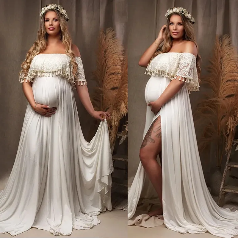 Boho Maternity Dress - Lace Tassel Slash Neck, Bohemian Long Gown for ...