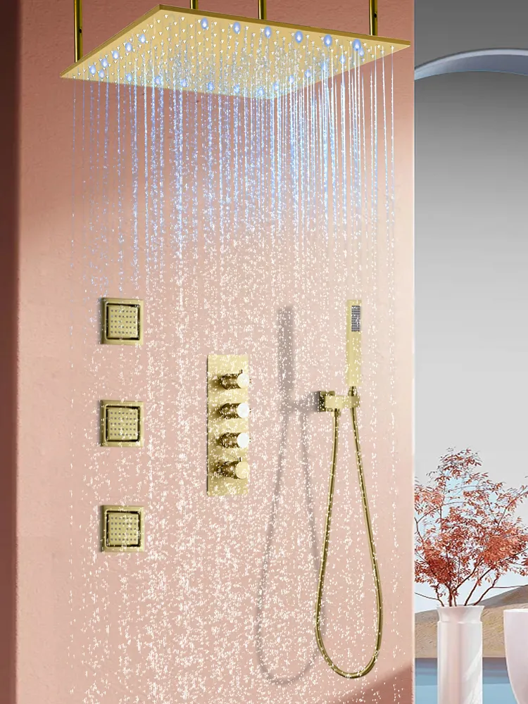 Luxury 20 Brushed Gold LED Concealed Thermostatic Shower Set With 3 ...