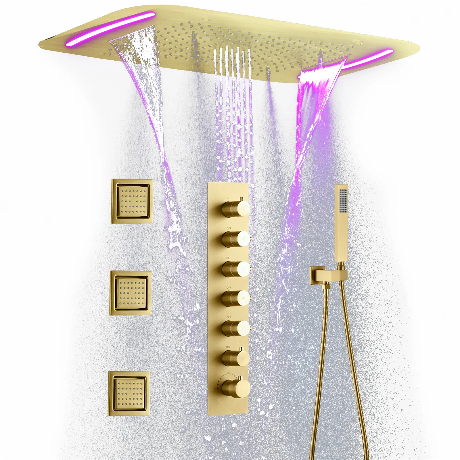 Waterfall Head Shower Gold Shower Faucet with LED Rain Shower Head ...
