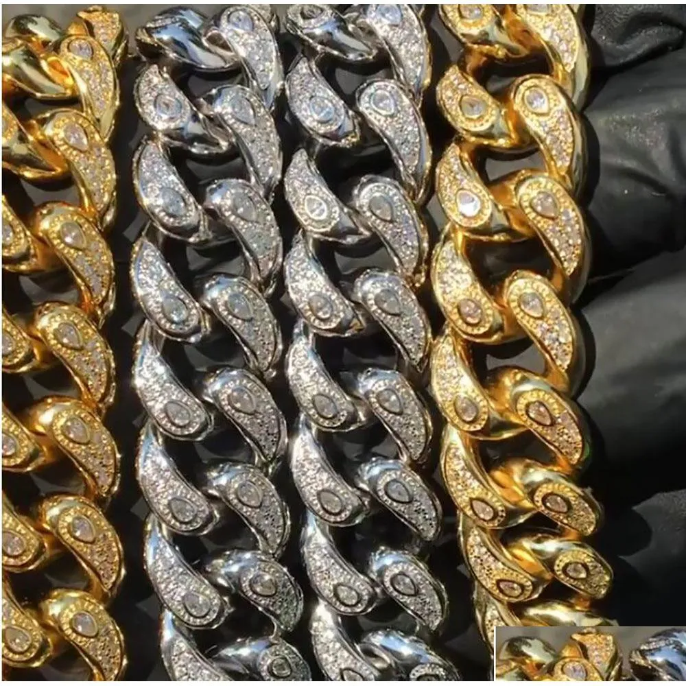 14K White Gold Plated 15mm Cuban Lab Diamond Cuban Chain Necklace With ...