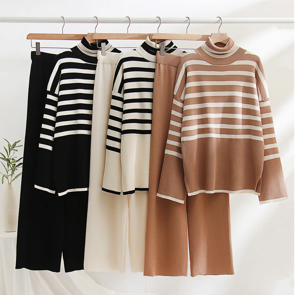 Winter Oversized Stripe Knit Outfit Set With Turtleneck And Sweater ...