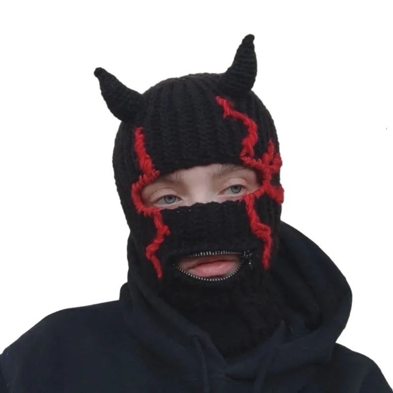 Colorful Knitted Devil Cat Beanie Crochet/Skull Hat With Crocheted ...