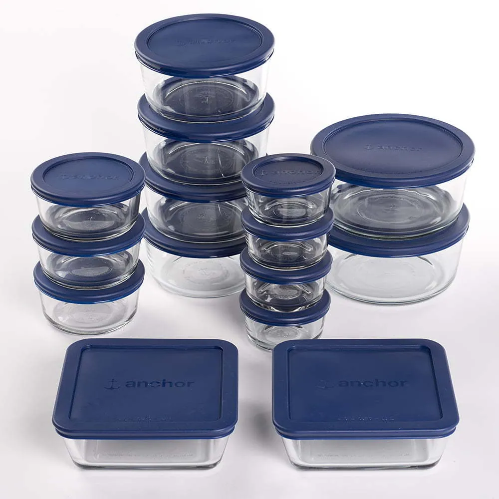 Clear Glass Kitchen Storage Set with Navy Lids, 30-Piece Food Storage ...