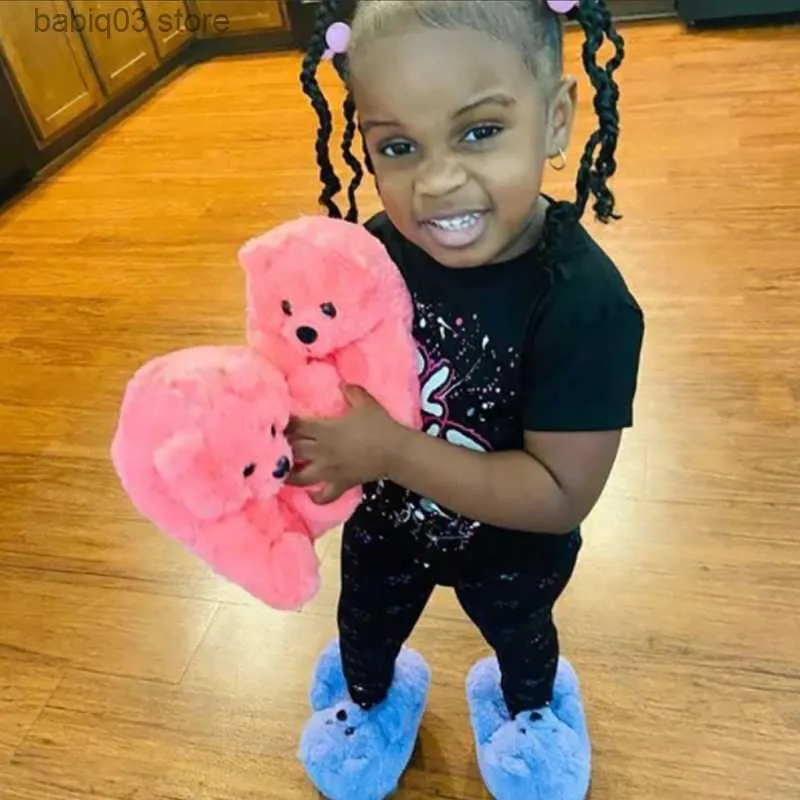 Cartoon Teddy Bear Pink Bunny Slippers For Kids Plush Cotton, Furry ...