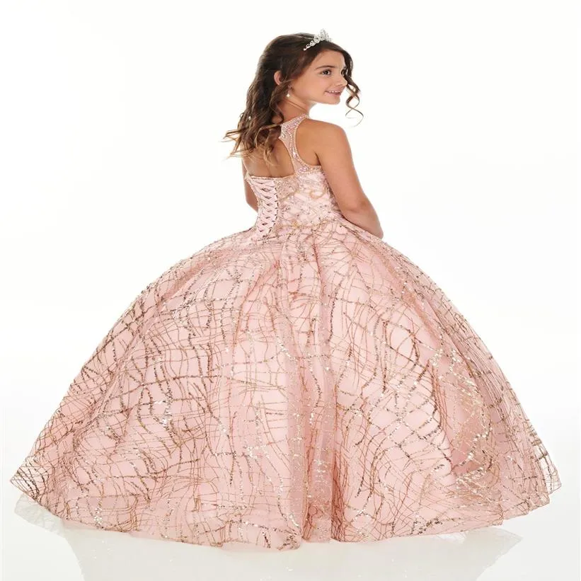 Rose Gold Quinceanera Pageant Dress For Little Girls Glitter Tulle With ...