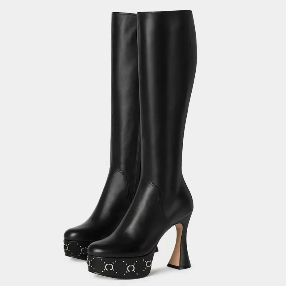 Chunky Platform Boots Women's Studded Knee High Boots Designer Platform ...