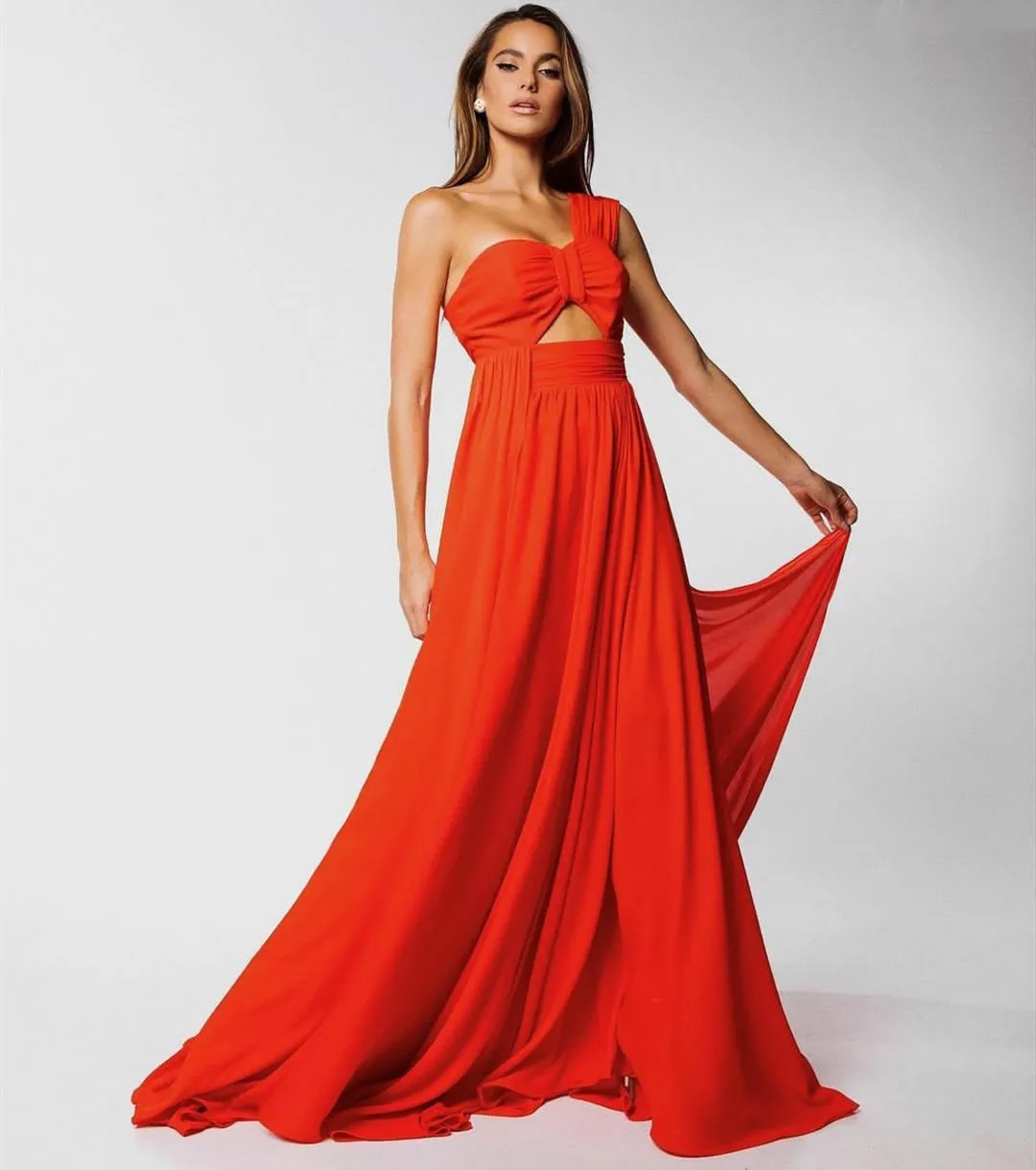 Red One Shoulder Red Maxi Evening Dress With Ribbon Detail And Zipper ...