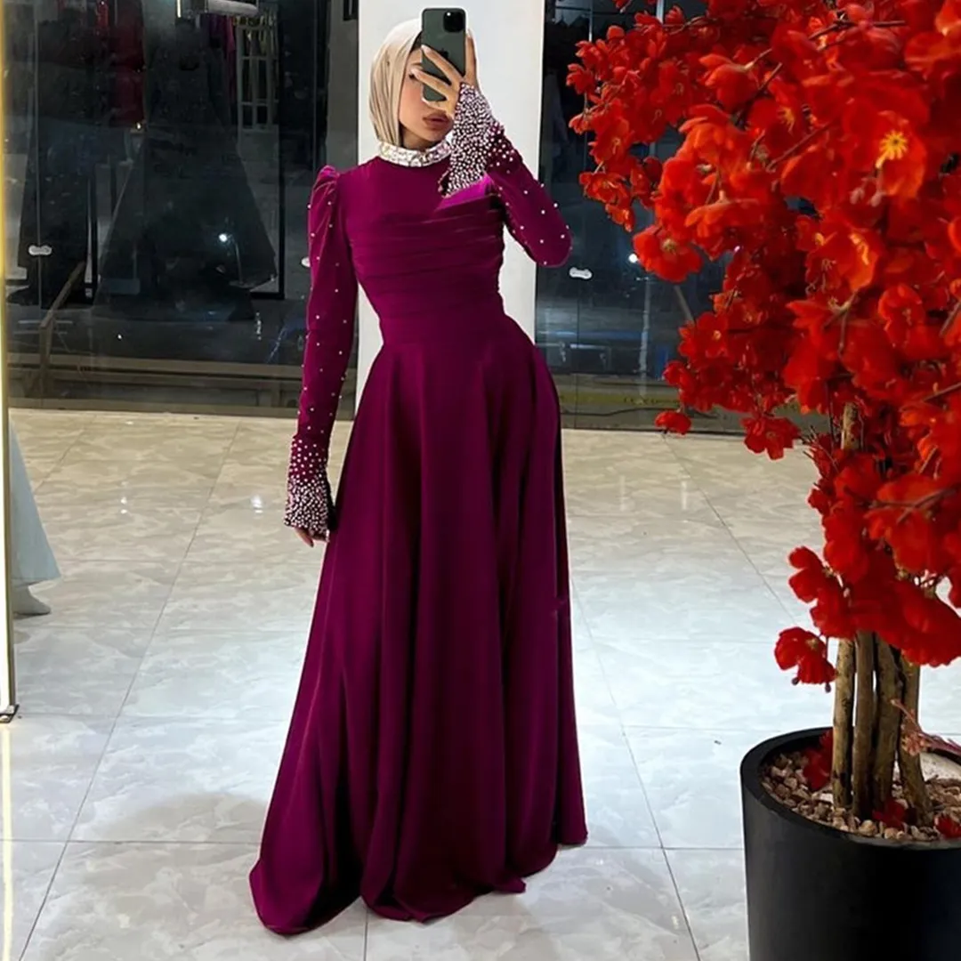 Crystal Beaded Muslim Evening Dress With Long Sleeves And Satin Fabric