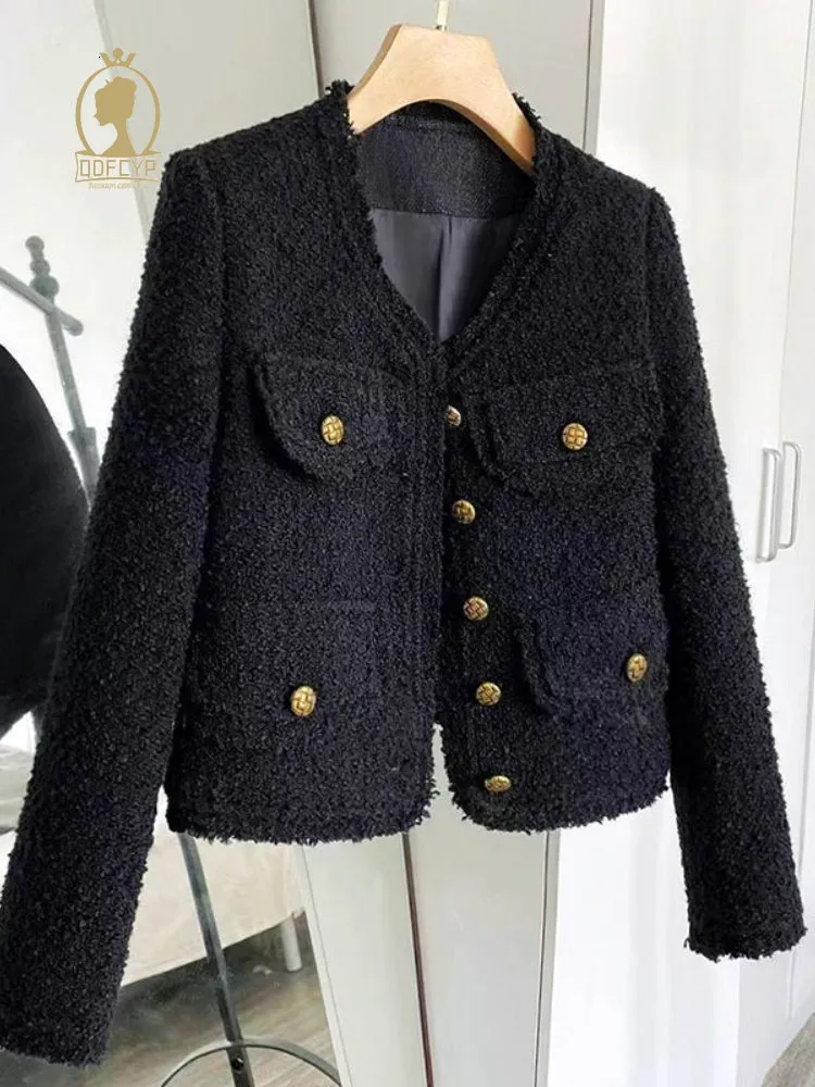 Women's Black Short Coat: Autumn Casual Temperament Style Coarse Tweed ...