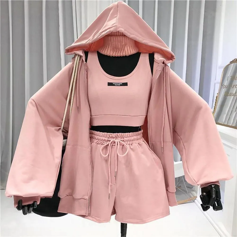 Women's Tracksuit Set: Casual Vest, Shorts, and Hooded Zipper Jacket ...