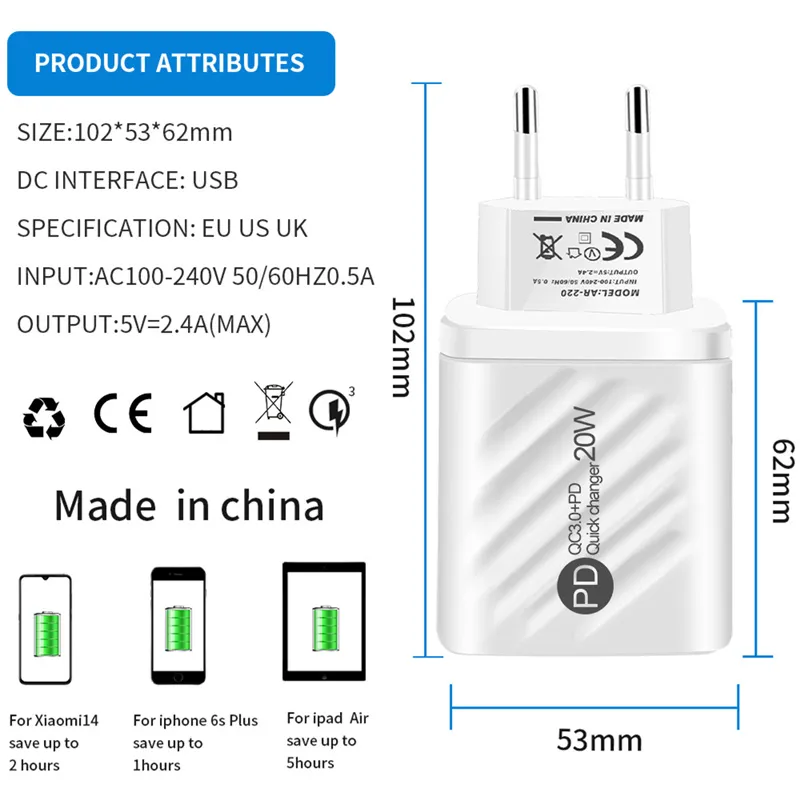 QC 3.0 20W 3 Ports Type C PD Fast Charger Adapter For IPhone Mobile ...